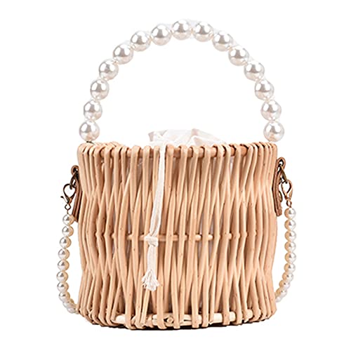 Fashion Straw Bags for Women Beach Rattan Woven Tote Handbags Ladies Summer Top-handle Bags Hobo Purse with Pearl Ornaments (E)