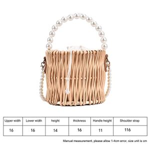 Fashion Straw Bags for Women Beach Rattan Woven Tote Handbags Ladies Summer Top-handle Bags Hobo Purse with Pearl Ornaments (E)