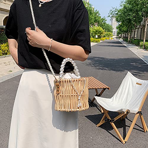 Fashion Straw Bags for Women Beach Rattan Woven Tote Handbags Ladies Summer Top-handle Bags Hobo Purse with Pearl Ornaments (E)