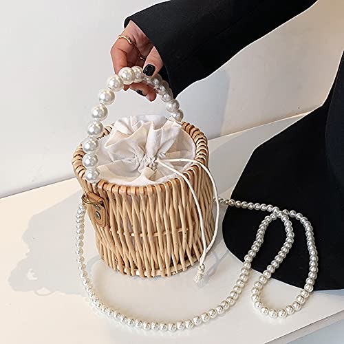 Fashion Straw Bags for Women Beach Rattan Woven Tote Handbags Ladies Summer Top-handle Bags Hobo Purse with Pearl Ornaments (E)