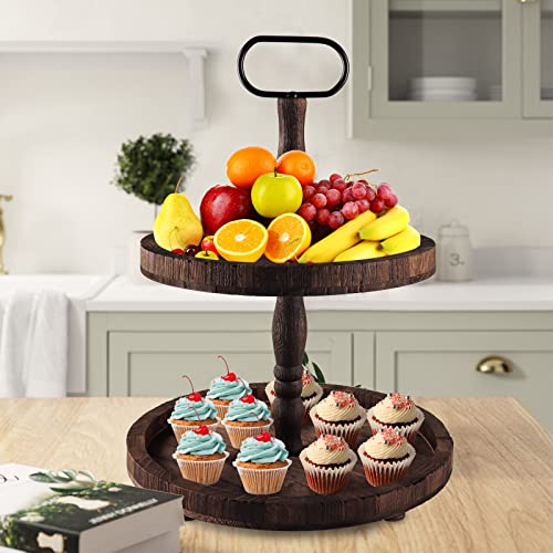 Creatart Two Tiered Tray with 6 Pieces Wooden Decor Item,Spring Rustic Farmhouse Decor,Round Easter Kitchen Table Centerpieces,Home Decorations Set(Home)