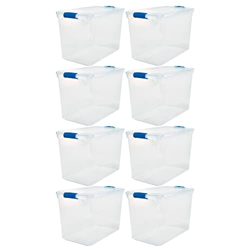 HOMZ Heavy Duty Modular Clear Plastic Stackable Storage Tote Containers with Latching and Locking Lids, 112 Quart Capacity, 8 Pack