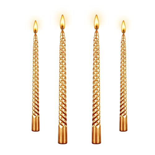 Tall Metallic Spiral Taper Candles 10 Inch/25cm, 4pcs Tall Unscented Dripless Candles with Cotton Wicks Perfect for Dinner, Party, Wedding Decor,7Hour Burn Time-3/4 Base (4 Spiral Gold)