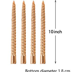 Tall Metallic Spiral Taper Candles 10 Inch/25cm, 4pcs Tall Unscented Dripless Candles with Cotton Wicks Perfect for Dinner, Party, Wedding Decor,7Hour Burn Time-3/4 Base (4 Spiral Gold)