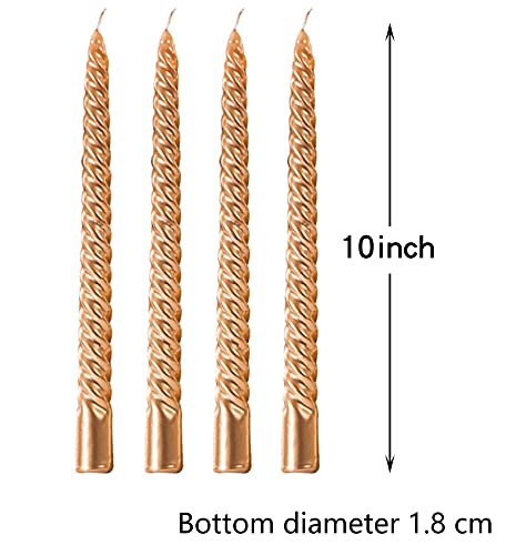 Tall Metallic Spiral Taper Candles 10 Inch/25cm, 4pcs Tall Unscented Dripless Candles with Cotton Wicks Perfect for Dinner, Party, Wedding Decor,7Hour Burn Time-3/4 Base (4 Spiral Gold)