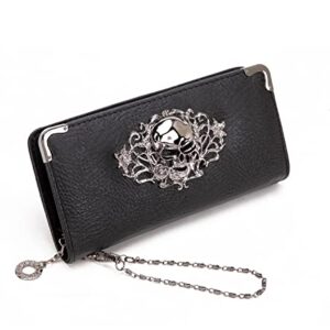 Ecohaso Skull Wallets for Women, Zip Around Goth Wallet Large Capacity Long Purse Credit Card Clutch Wristlet for Women (A-Black)