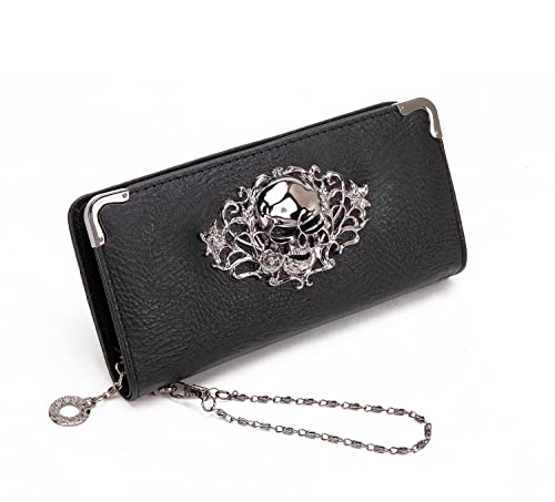 Ecohaso Skull Wallets for Women, Zip Around Goth Wallet Large Capacity Long Purse Credit Card Clutch Wristlet for Women (A-Black)