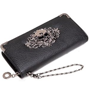 Ecohaso Skull Wallets for Women, Zip Around Goth Wallet Large Capacity Long Purse Credit Card Clutch Wristlet for Women (A-Black)