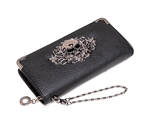 Ecohaso Skull Wallets for Women, Zip Around Goth Wallet Large Capacity Long Purse Credit Card Clutch Wristlet for Women (A-Black)