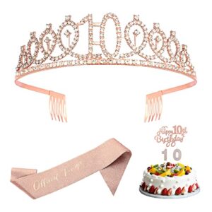 aiex 4pcs rose gold birthday decorations kit, including birthday crown and sash cake topper cake number candles birthday girl decorations(10th birthday)