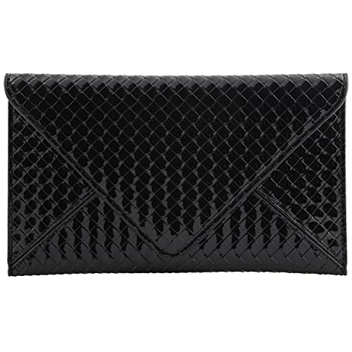 JNB Weaved Faux Patent Leather Glossy Envelope Clutch,Black2