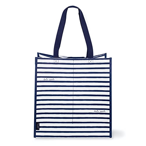 Kate Spade New York Reusable Shopping Bag, Grocery Tote with Shoulder Straps, Large Collapsible Tote, Navy Painted Stripe