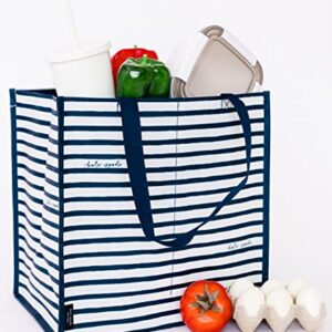 Kate Spade New York Reusable Shopping Bag, Grocery Tote with Shoulder Straps, Large Collapsible Tote, Navy Painted Stripe