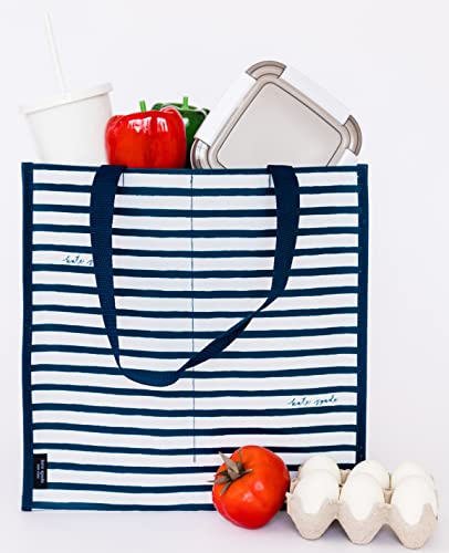 Kate Spade New York Reusable Shopping Bag, Grocery Tote with Shoulder Straps, Large Collapsible Tote, Navy Painted Stripe