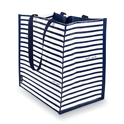 Kate Spade New York Reusable Shopping Bag, Grocery Tote with Shoulder Straps, Large Collapsible Tote, Navy Painted Stripe