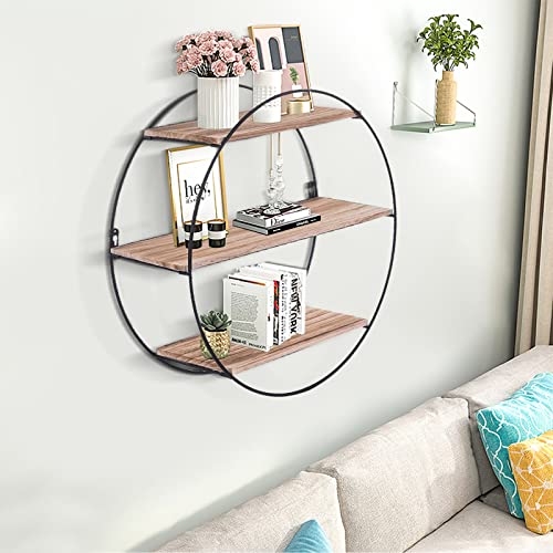 3-Layer Floating Shelves for Wall Rustic Wood Geometric Style Decor Shelf Wall-Mounted Storage Display Stand (Black,Brown, One Size)