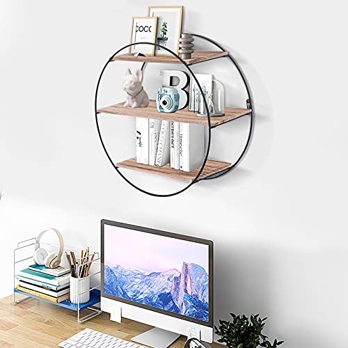 3-Layer Floating Shelves for Wall Rustic Wood Geometric Style Decor Shelf Wall-Mounted Storage Display Stand (Black,Brown, One Size)