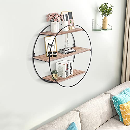 3-Layer Floating Shelves for Wall Rustic Wood Geometric Style Decor Shelf Wall-Mounted Storage Display Stand (Black,Brown, One Size)