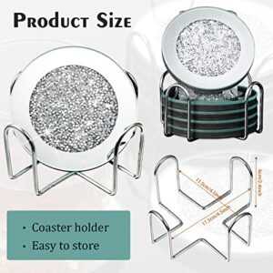 7 Pcs Glass Mirrored Coaster Holder Set, 6 Pcs Silver Crushed Crystal Coasters with Holder for Drinks Glitter Crushed Diamond Decor on Tabletop for Home Kitchen Table Bar Accessories (Round)