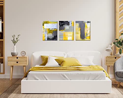 ARTINME Trendy Framed Modern Yellow and Grey Abstract Giclee Canvas Prints Wall Art Picture Living Room Bedroom Home Decorations (12 x 16 inch, Set Of 3)