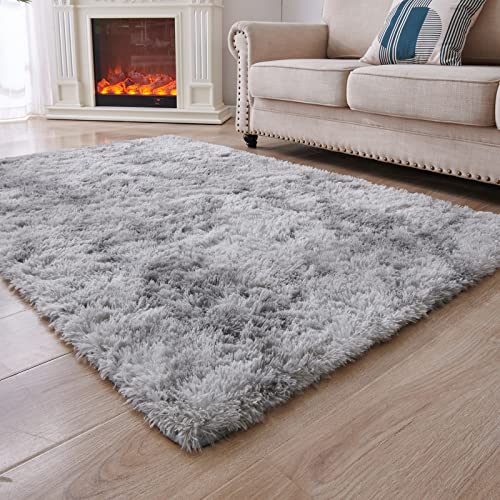 ANVARUG 3x5 Feet Small Area Rug, Upgrade Anti-Skid Durable Rectangular Cozy Rug, High Pile Shag Carpet Rugs for Indoor Home Decorative, Tie-Dyed Light Grey