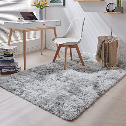 ANVARUG 3x5 Feet Small Area Rug, Upgrade Anti-Skid Durable Rectangular Cozy Rug, High Pile Shag Carpet Rugs for Indoor Home Decorative, Tie-Dyed Light Grey