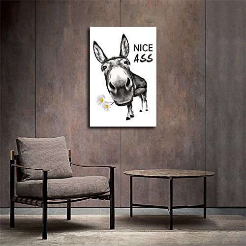 Nice Ass Funny Donkey Poster Farmhouse Bathroom Canvas Wall Art Sign Decor Black White Butt Daisy Picture HD Print Room Living Room Decor Picture (UnFramed,16×24inch)