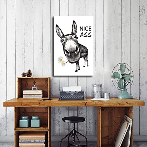 Nice Ass Funny Donkey Poster Farmhouse Bathroom Canvas Wall Art Sign Decor Black White Butt Daisy Picture HD Print Room Living Room Decor Picture (UnFramed,16×24inch)