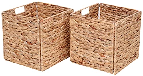 Water Hyacinth Storage Basket,Wicker baskets For Shelves,Folding 2 Packs Handmade Woven,Decorative Seagrass Shelf Basket ,Shelf Basket For Storage Toys Books And Clothes ,12x12x12 Inches.