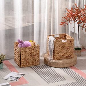 Water Hyacinth Storage Basket,Wicker baskets For Shelves,Folding 2 Packs Handmade Woven,Decorative Seagrass Shelf Basket ,Shelf Basket For Storage Toys Books And Clothes ,12x12x12 Inches.