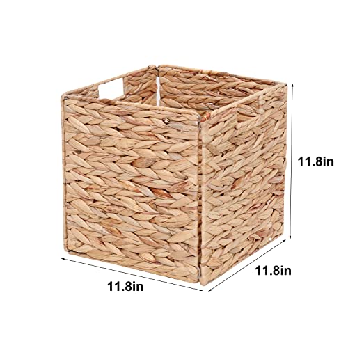 Water Hyacinth Storage Basket,Wicker baskets For Shelves,Folding 2 Packs Handmade Woven,Decorative Seagrass Shelf Basket ,Shelf Basket For Storage Toys Books And Clothes ,12x12x12 Inches.