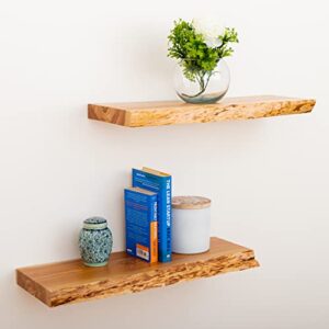 rustic wood floating shelves, live edge wooden shelf for farmhouse wall decor, set of 2 shelves made from american wood, hand finished and sealed (cedar, 24 inches long)