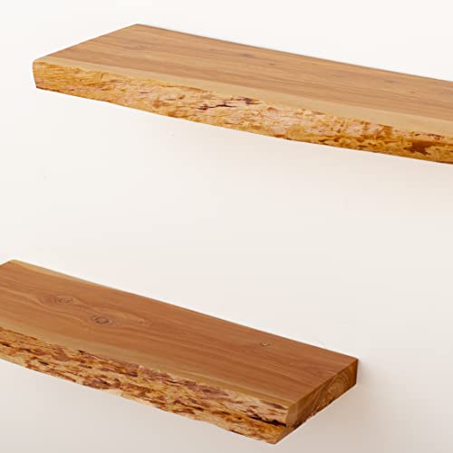 Rustic Wood Floating Shelves, Live Edge Wooden Shelf for Farmhouse Wall Decor, Set of 2 Shelves Made from American Wood, Hand Finished and Sealed (Cedar, 24 inches Long)