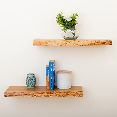 Rustic Wood Floating Shelves, Live Edge Wooden Shelf for Farmhouse Wall Decor, Set of 2 Shelves Made from American Wood, Hand Finished and Sealed (Cedar, 24 inches Long)