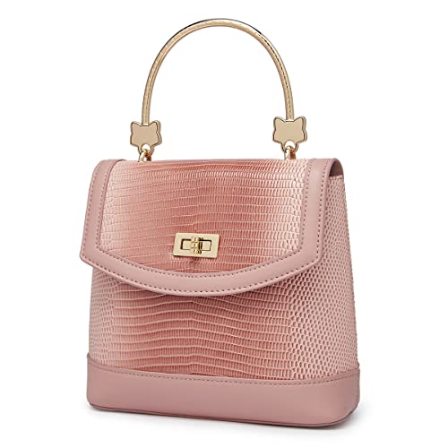 FOXLOVER Genuine Leather Shoulder Bucket Bags for Women Small Handbags Original Design Crocodile Pattern Crossbody Bags Purses(pink)