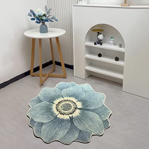 Flower Shaped Rug Blue Lotus Carpet Trendy Area Rugs Non Slip Water Absorption Doormat for Bedroom Bedside Living Room Bathroom Kitchen Floor Mat, Diameter 23.7”