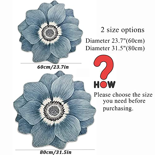 Flower Shaped Rug Blue Lotus Carpet Trendy Area Rugs Non Slip Water Absorption Doormat for Bedroom Bedside Living Room Bathroom Kitchen Floor Mat, Diameter 23.7”