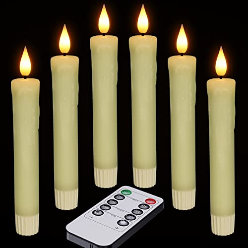 Yme 6pcs LED Taper Candles with Remote and Timer, Fake Window Candles with Real Wax Battery Operated Warm White Flickering/Steady Light 2/4/6/8H Timer, for Halloween Wedding Decorations