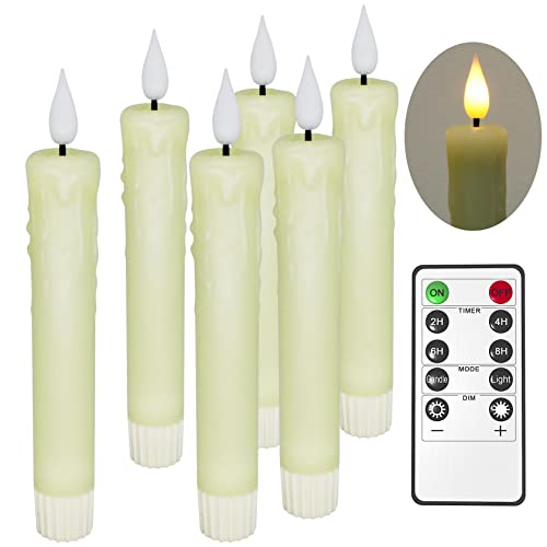 Yme 6pcs LED Taper Candles with Remote and Timer, Fake Window Candles with Real Wax Battery Operated Warm White Flickering/Steady Light 2/4/6/8H Timer, for Halloween Wedding Decorations