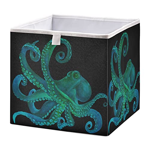 ALAZA Blue Watercolor Octopus Kraken 11 Inch Cube Storage Bin Organizer Foldable Basket for Closet Cabinet Shelf Office