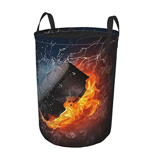 Janrely Large Round Storage Basket with Handles,Ice and Fire Hockey,Large Capacity with Drawstring Storage Bin for Family Waterproof Home Office Decor 21.5"x 16.5"