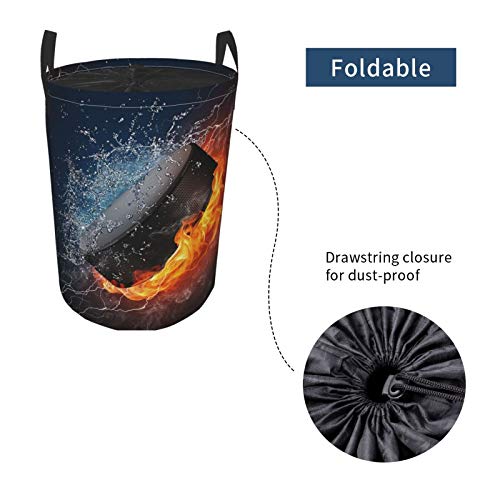 Janrely Large Round Storage Basket with Handles,Ice and Fire Hockey,Large Capacity with Drawstring Storage Bin for Family Waterproof Home Office Decor 21.5"x 16.5"