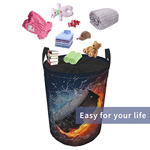 Janrely Large Round Storage Basket with Handles,Ice and Fire Hockey,Large Capacity with Drawstring Storage Bin for Family Waterproof Home Office Decor 21.5"x 16.5"