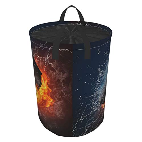 Janrely Large Round Storage Basket with Handles,Ice and Fire Hockey,Large Capacity with Drawstring Storage Bin for Family Waterproof Home Office Decor 21.5"x 16.5"