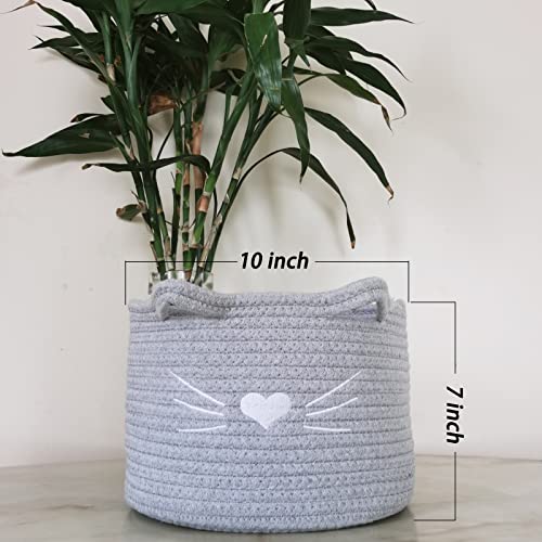 LUSE LIVE Small Woven Basket,Rope Storage Basket with Handle,Cute Cotton Basket for Nursery,Cat Dog Toy Storage Organizer Basket,Storage Bins for Toy Organizer,Grey,10×10×7 inch