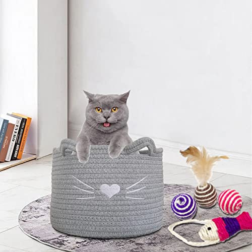 LUSE LIVE Small Woven Basket,Rope Storage Basket with Handle,Cute Cotton Basket for Nursery,Cat Dog Toy Storage Organizer Basket,Storage Bins for Toy Organizer,Grey,10×10×7 inch