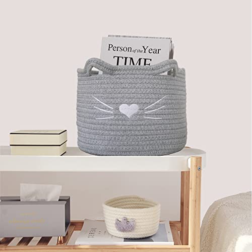 LUSE LIVE Small Woven Basket,Rope Storage Basket with Handle,Cute Cotton Basket for Nursery,Cat Dog Toy Storage Organizer Basket,Storage Bins for Toy Organizer,Grey,10×10×7 inch