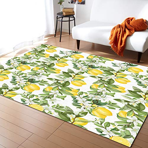 Rustic Spring Lemon with Leaves Filling Area Rug for Bed Room, 3' x 5' Indoor Accent Rugs Non-Skid Kitchen Runner, Yellow Summer Floral Bathroom Rugs Modern Floor Mats Washable Throw Carpet