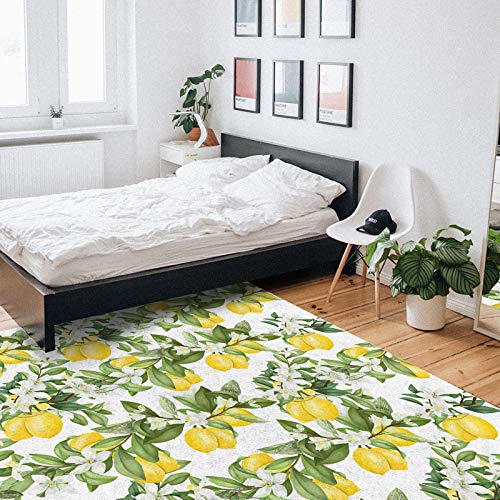 Rustic Spring Lemon with Leaves Filling Area Rug for Bed Room, 3' x 5' Indoor Accent Rugs Non-Skid Kitchen Runner, Yellow Summer Floral Bathroom Rugs Modern Floor Mats Washable Throw Carpet