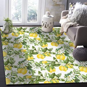 Rustic Spring Lemon with Leaves Filling Area Rug for Bed Room, 3' x 5' Indoor Accent Rugs Non-Skid Kitchen Runner, Yellow Summer Floral Bathroom Rugs Modern Floor Mats Washable Throw Carpet